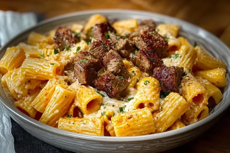 Cajun Steak Tips in Cheesy Rigatoni Parmesan Sauce